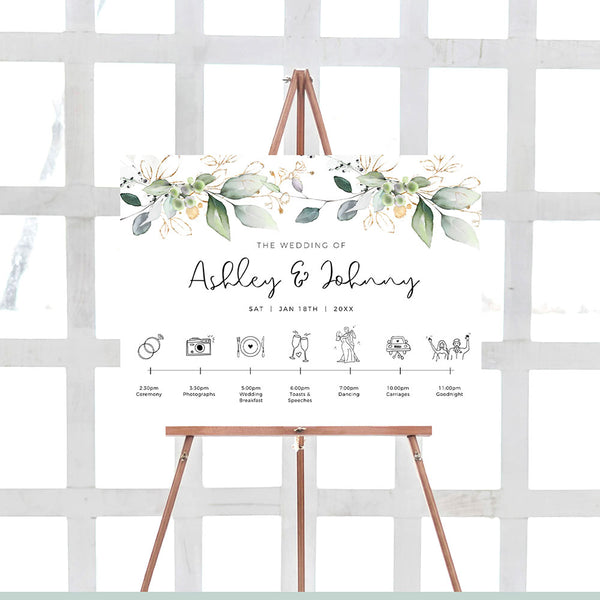 Eucalyptus Wedding Timeline Welcome Sign - Connie & Joan